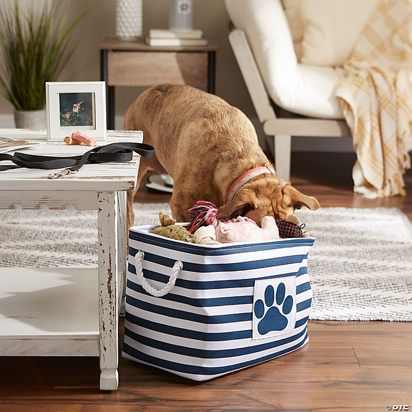 Polyester Pet Bin Stripe With Paw Patch Navy Rectangle Medium 16X10X12