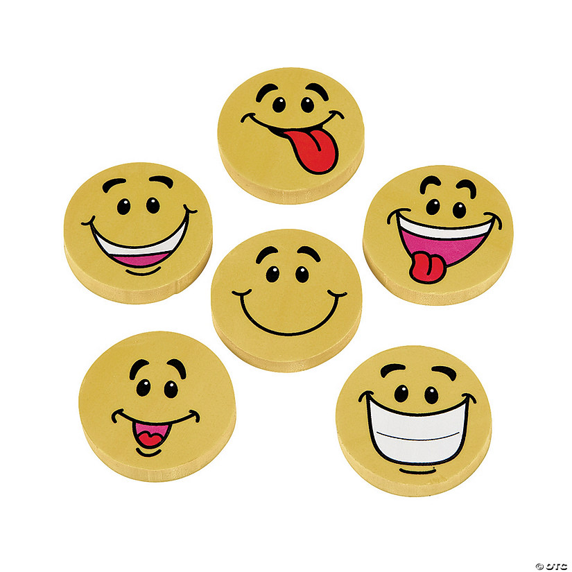 1 1/4" Bulk 48 Pc. Large Silly Smile Face Yellow Rubber Erasers ...