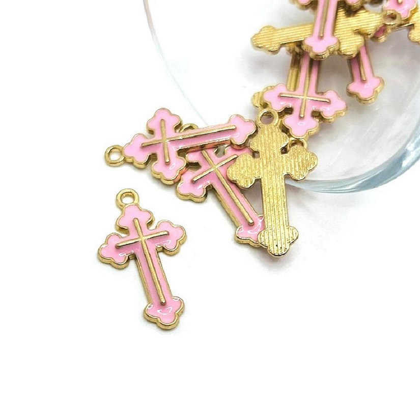 20 Pcs Pink Enamel Cross Charms