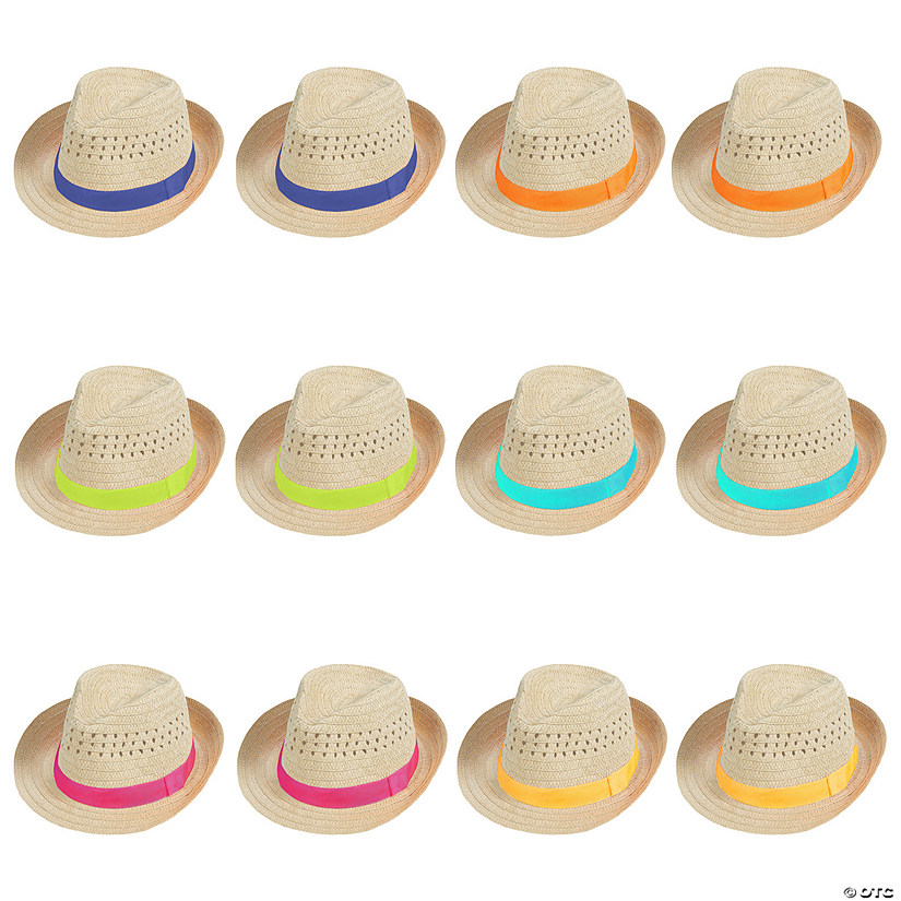 21" Adults Classic Straw Fedoras with Solid Color Bands - 12 Pc ...