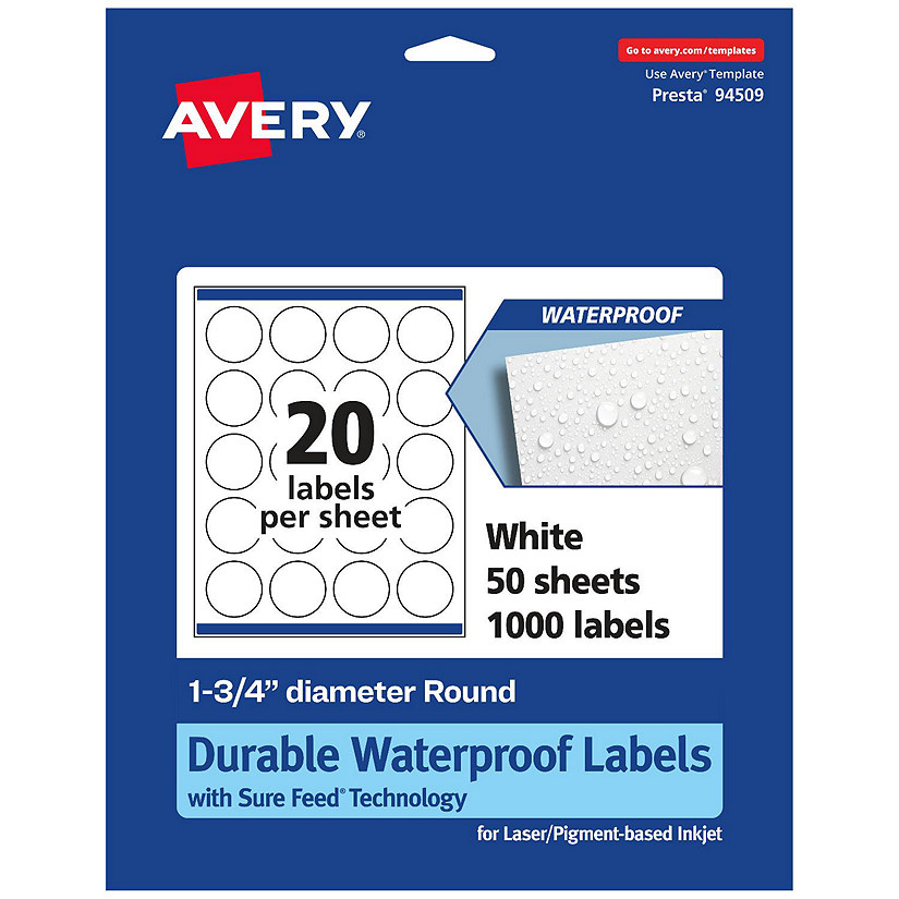 Avery 1-3/4" diameter Waterproof Round Labels, 1,000 Labels