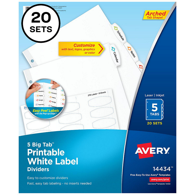 Avery Big Tab Printable Label Dividers, Easy Peel, 5 Tabs, 20 Sets (14434)