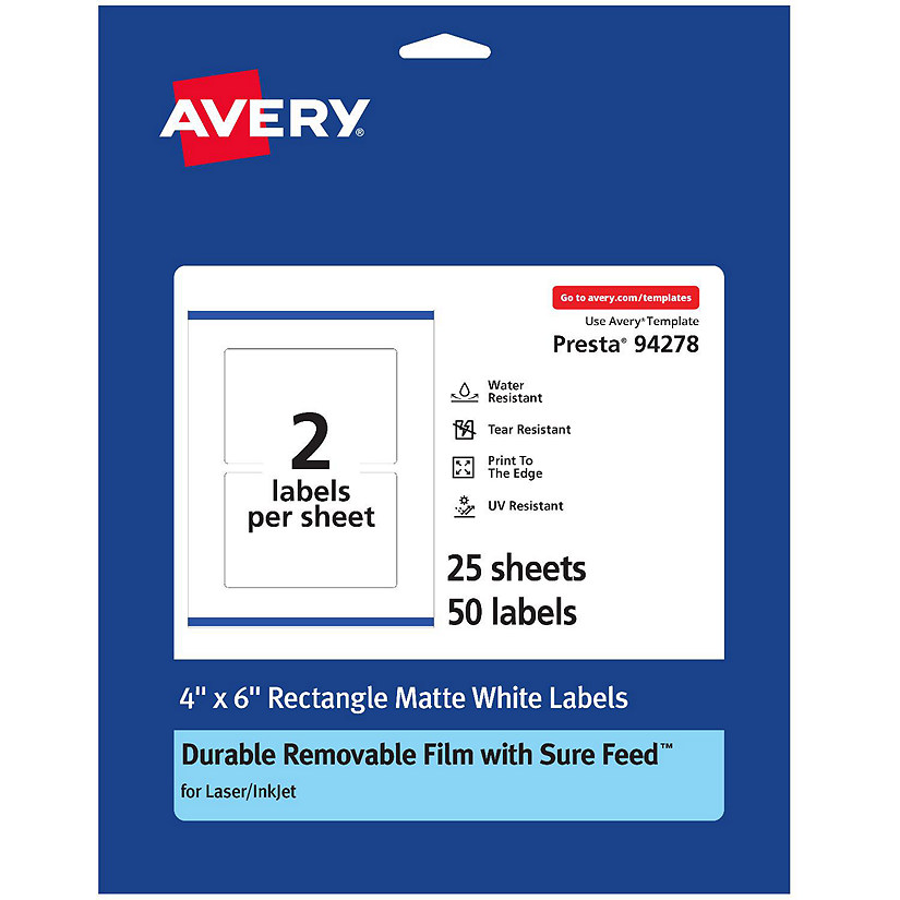 Avery Durable ID Labels, 4" x 6", 50 Labels, Removable | Oriental Trading