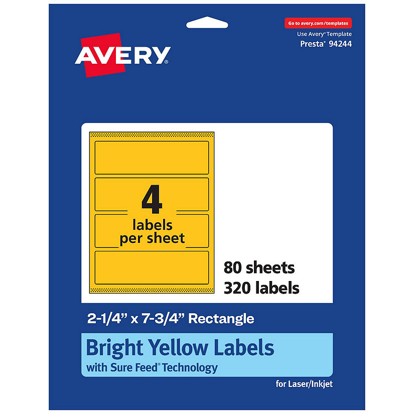 Avery Printable Rectangle Labels, Bright Yellow, 2.25" x 7.75", 320ct