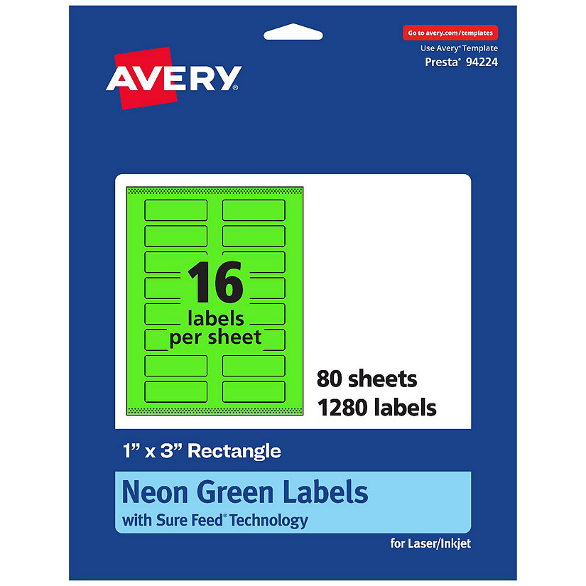 Avery Printable Rectangle Labels, Neon Green, 1" x 3", 1,280ct ...