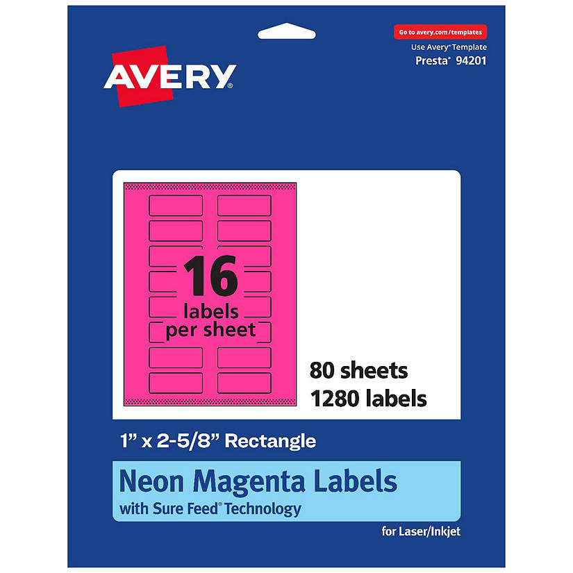 Avery Printable Rectangle Labels, Neon Magenta, 1" x 2-5/8", 1,280ct ...