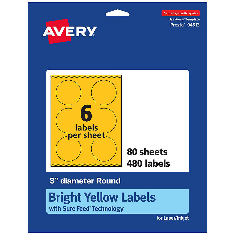 Avery Printable Round Labels, Bright Yellow, 3" Diameter, 480ct ...