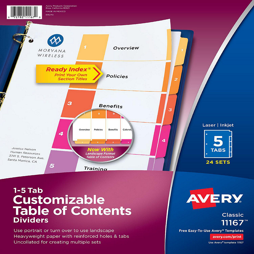 Avery Ready Index 5 Tab Dividers, Customizable TOC, 24 Sets (11167) | Oriental Trading