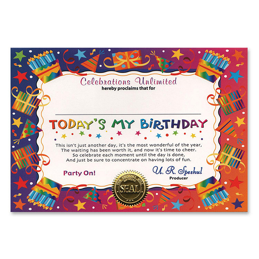 Beistle - Today's My Birthday Certificate - 6 Pack | Oriental Trading