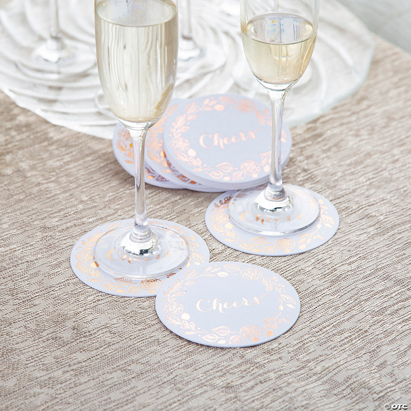 Bulk 48 Pc. Cheers White with Rose Gold Coasters | Oriental Trading