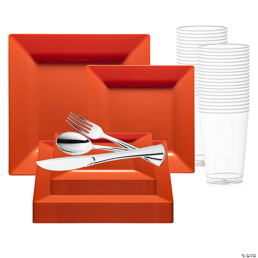 Burnt Orange Square Plastic Plates Wedding Value Set - 60 Settings