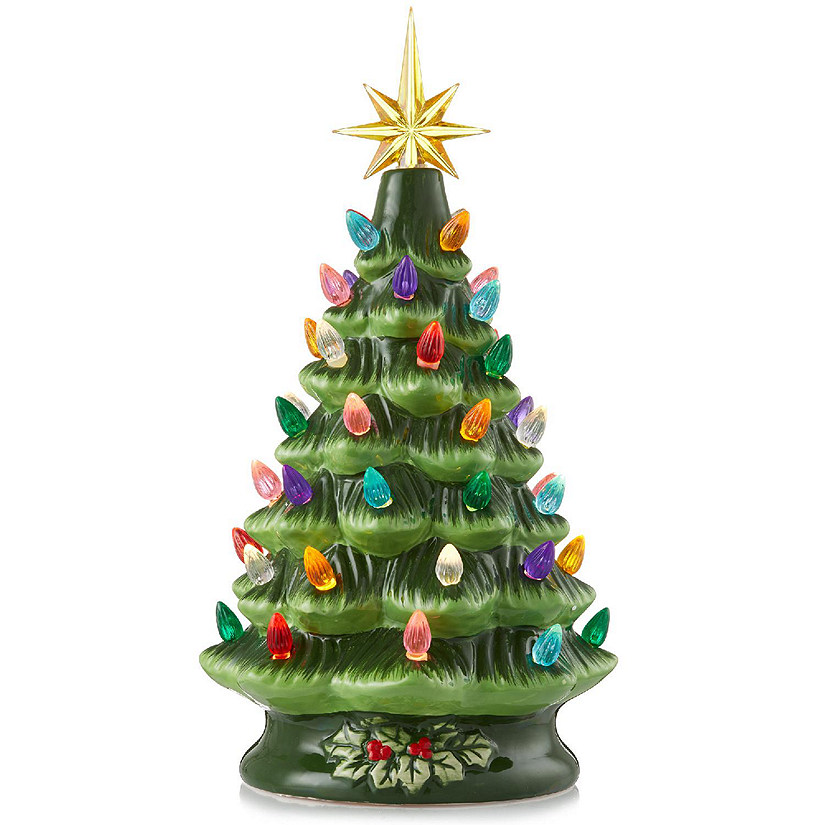 Casafield 12" Pre-Lit Green Ceramic Tree Hand-Painted Tabletop with Lights