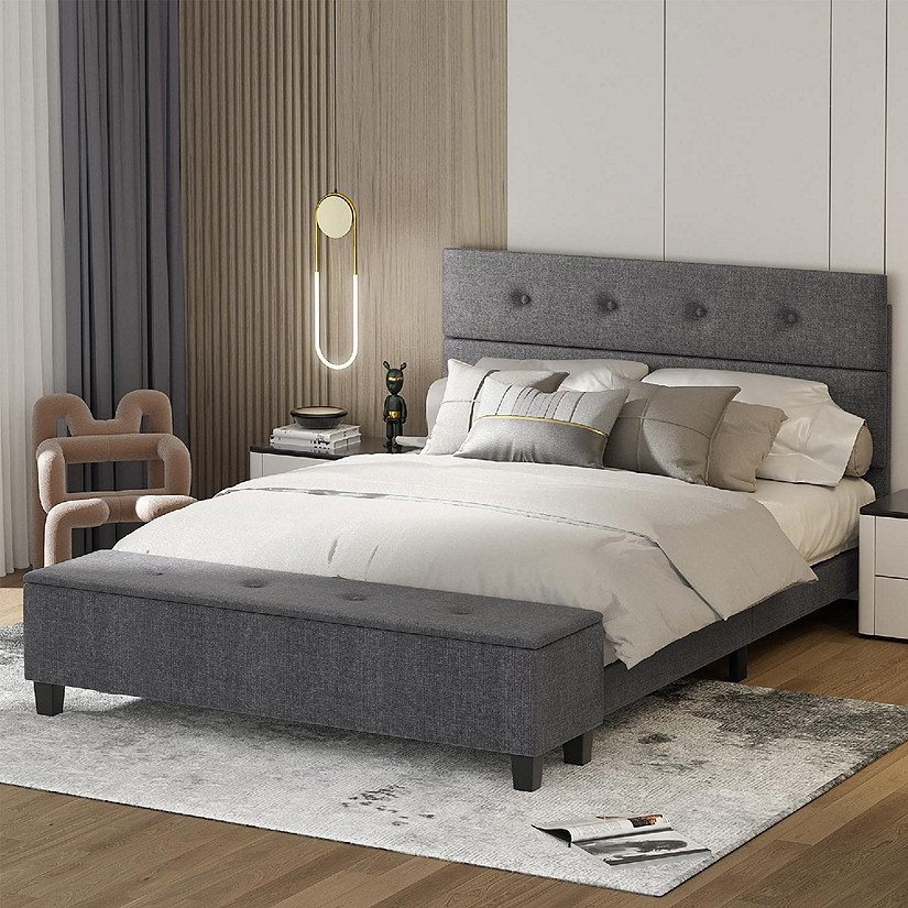 Costway Queen Upholstered Bed Frame with Ottoman Storage Linen Button ...