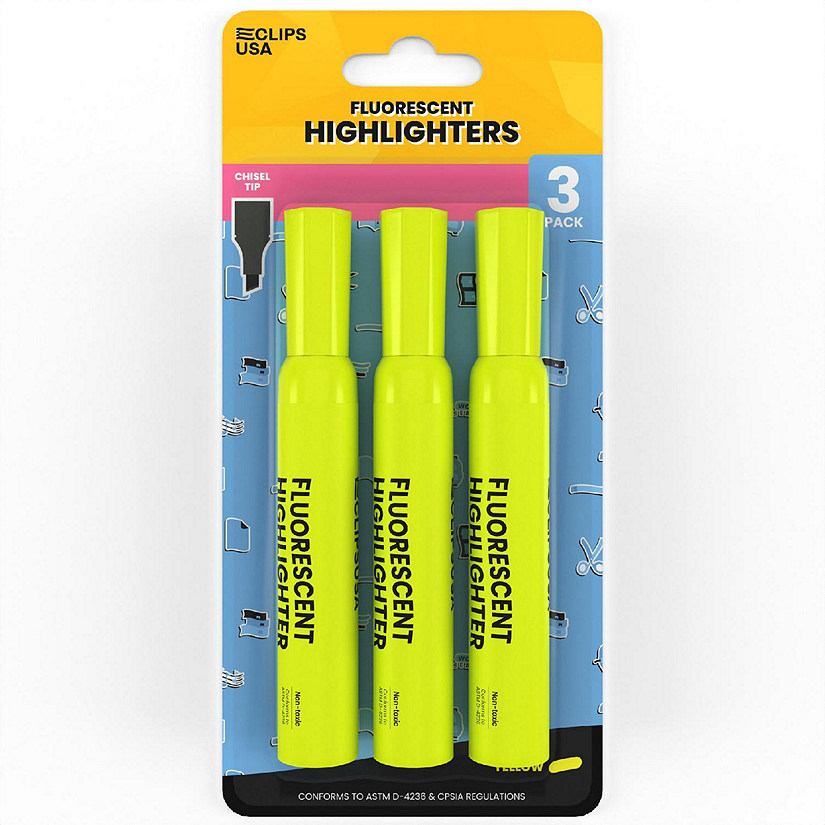 E-Clips USA Fluorescent Highlighter Pen - Yellow, 3 Pack, Chisel-tip ...