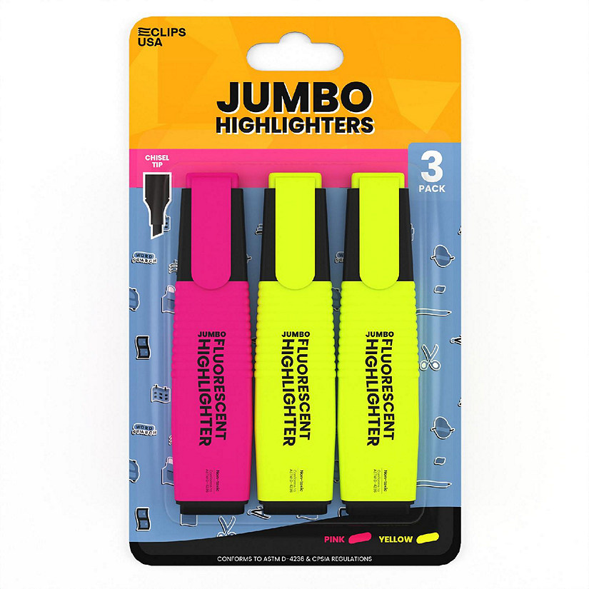 E-Clips USA Jumbo Fluorescent Highlighter Pen - Assorted Colors, 3 Pack ...