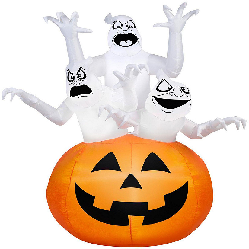 Gemmy Airblown Three Ghosts in Pumpkin Scene OPP 6 ft Tall Multicolored