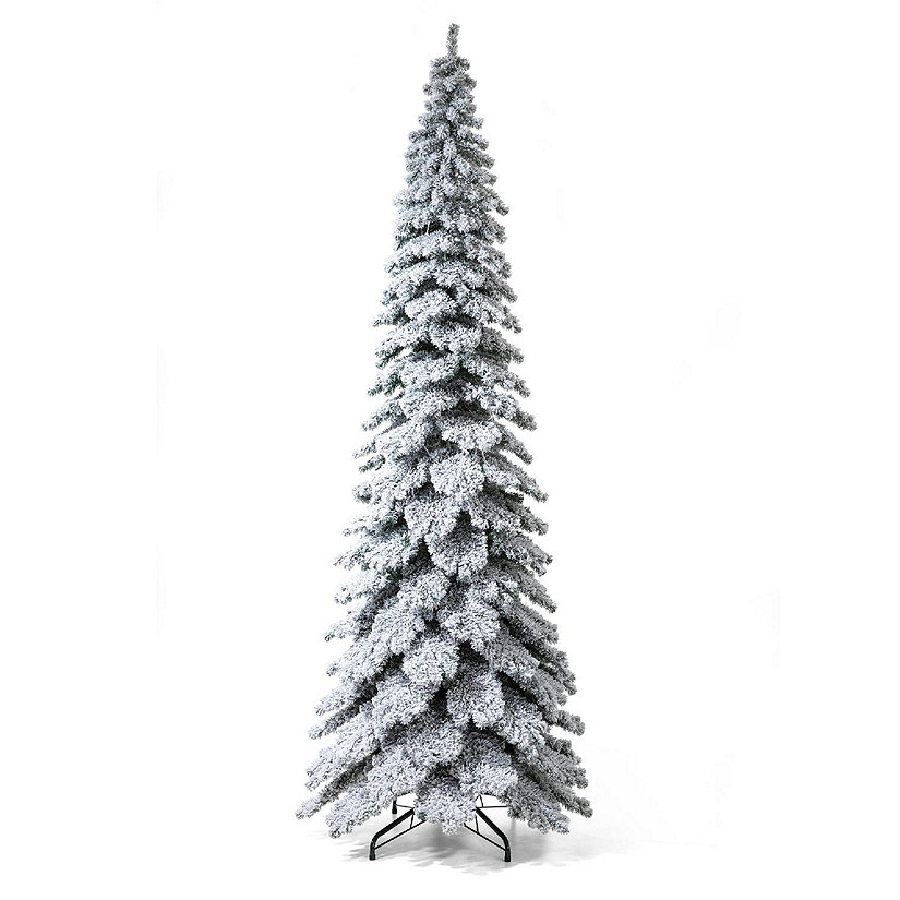 Glitzhome 12ft Pre-Lit Flocked Layered Slim Spruce Artificial Christmas ...