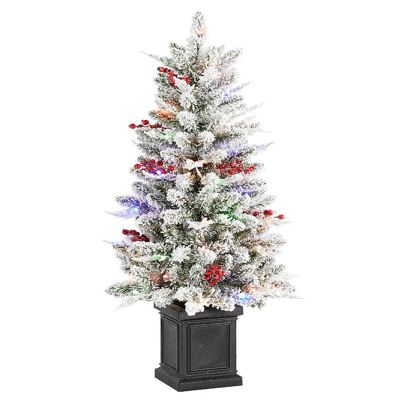 Glitzhome 4ft Pre-Lit Flocked Artificial Christmas Porch Tree with and Red Berries and 60 Warm ...