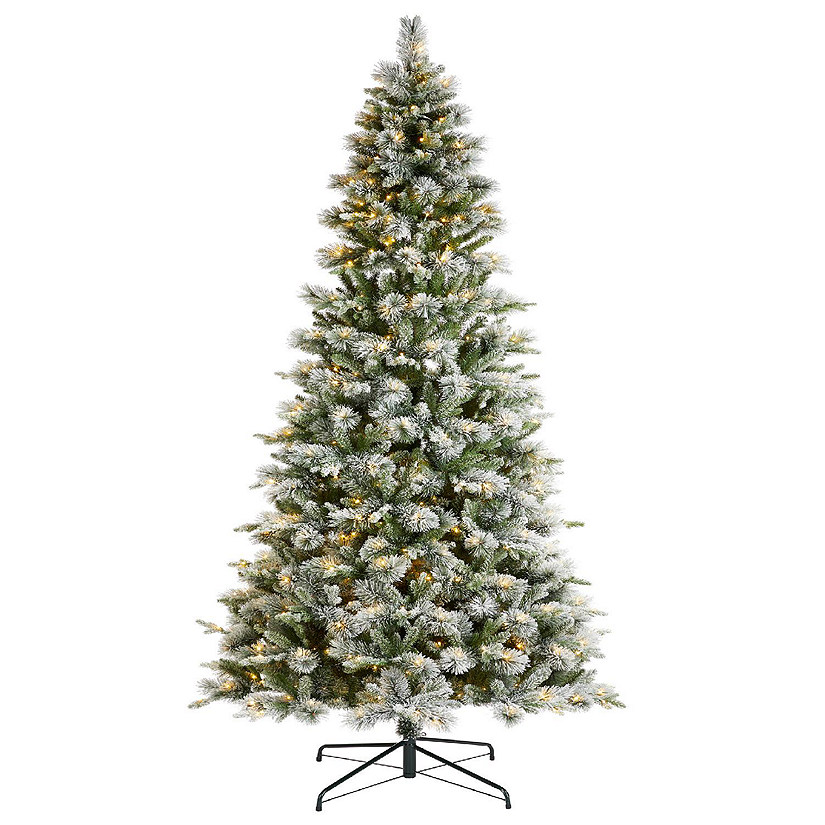 Glitzhome 9ft Pre-Lit Flocked Slim Pine Artificial Christmas Tree with 600 Warm White LED lights ...