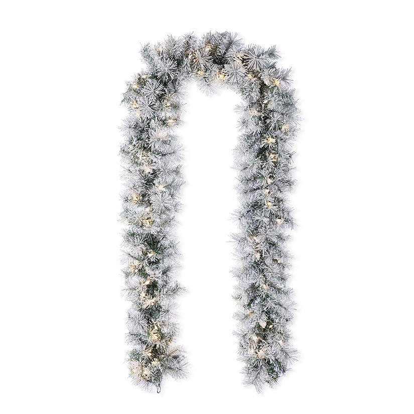 Glitzhome 9ft Pre-Lit Snow Flocked Greenery Pine Christmas Garland ...