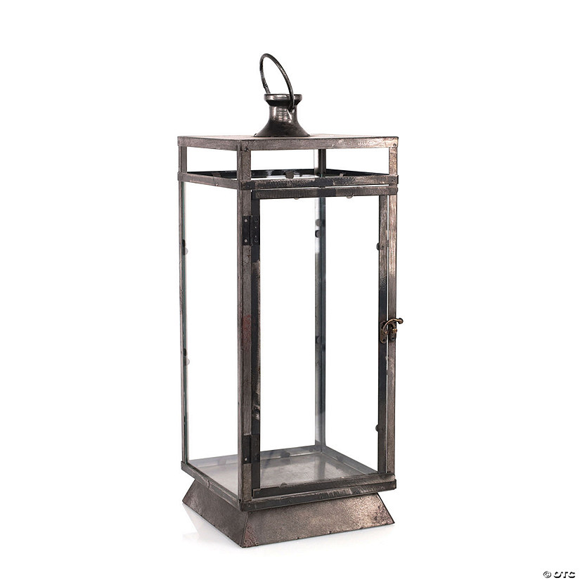 Grey Distressed Metal Box Lantern 26.5"H | Oriental Trading