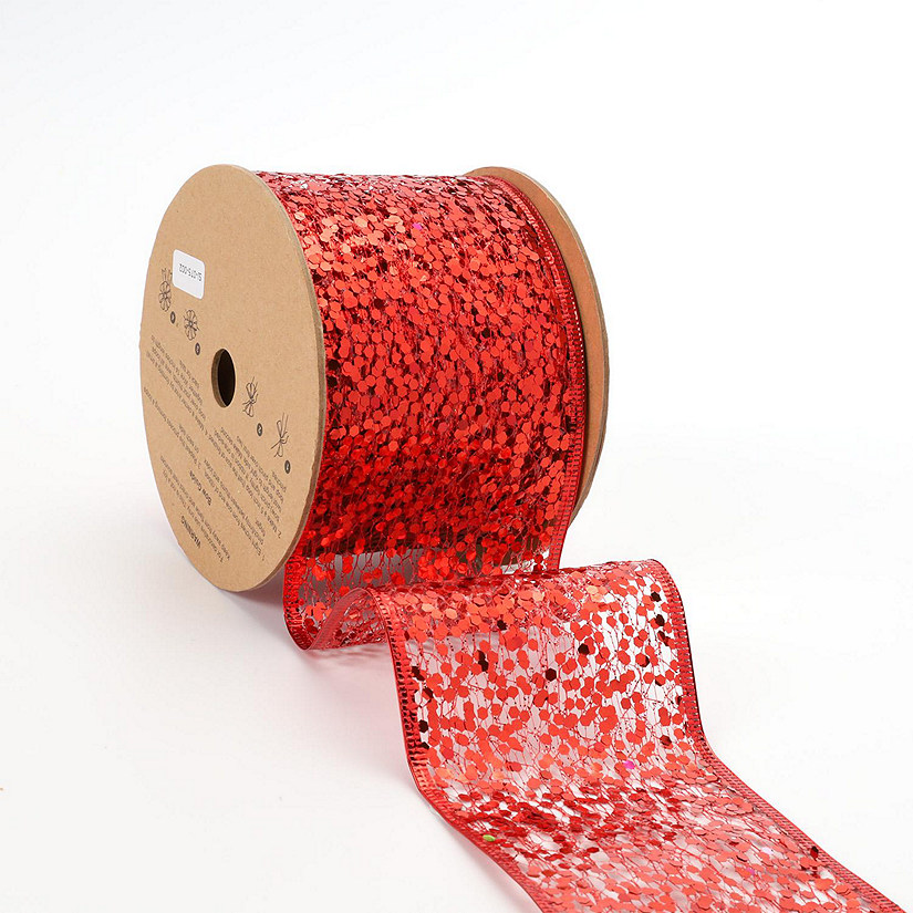 LaRibbons 3" Sequin Wired Ribbon - Red - 10 Yard Roll | Oriental Trading