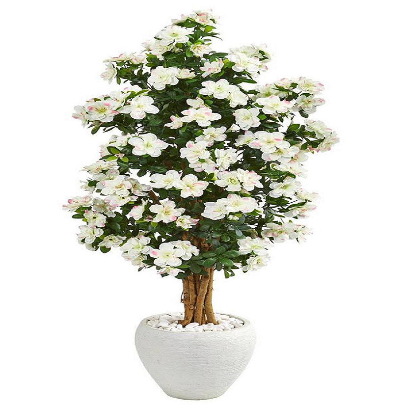 Nearly Natural Modern Decorative 5' Azalea Artificial Tree in White Planter