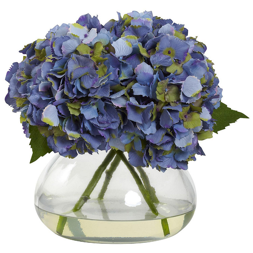 Nearly Natural Modern Decorative Large Blooming Hydrangea with Vase - Blue