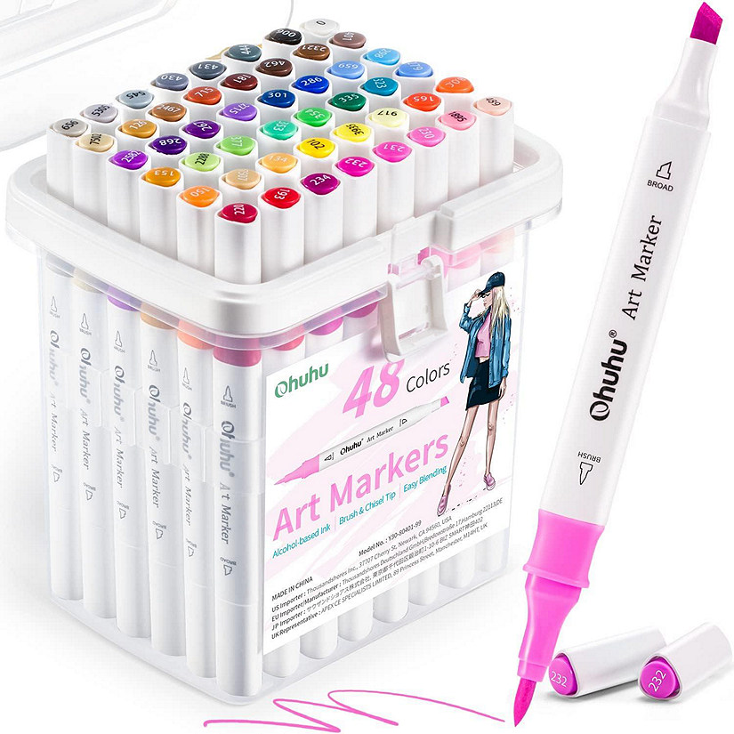 Ohuhu 48-Color Alcohol Markers: Double-Tipped Brush & Chisel | Oriental Trading