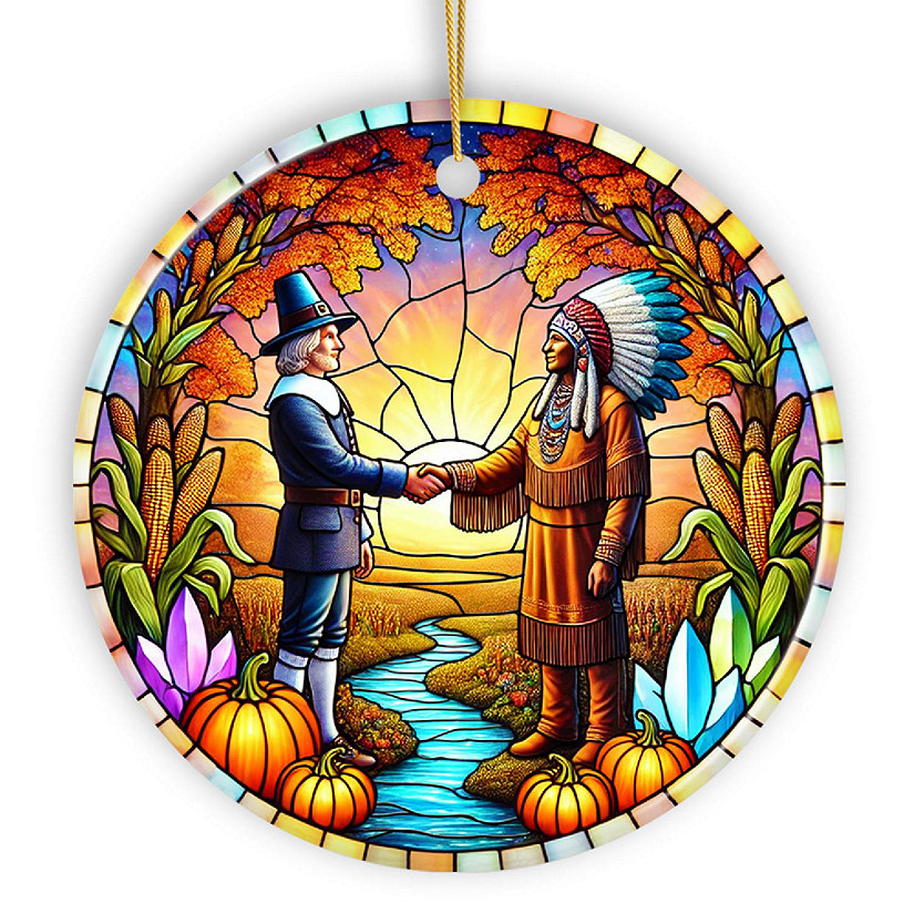 Pilgrim and Native American Chief Harmonious Unity Ornament, Vibrant ...