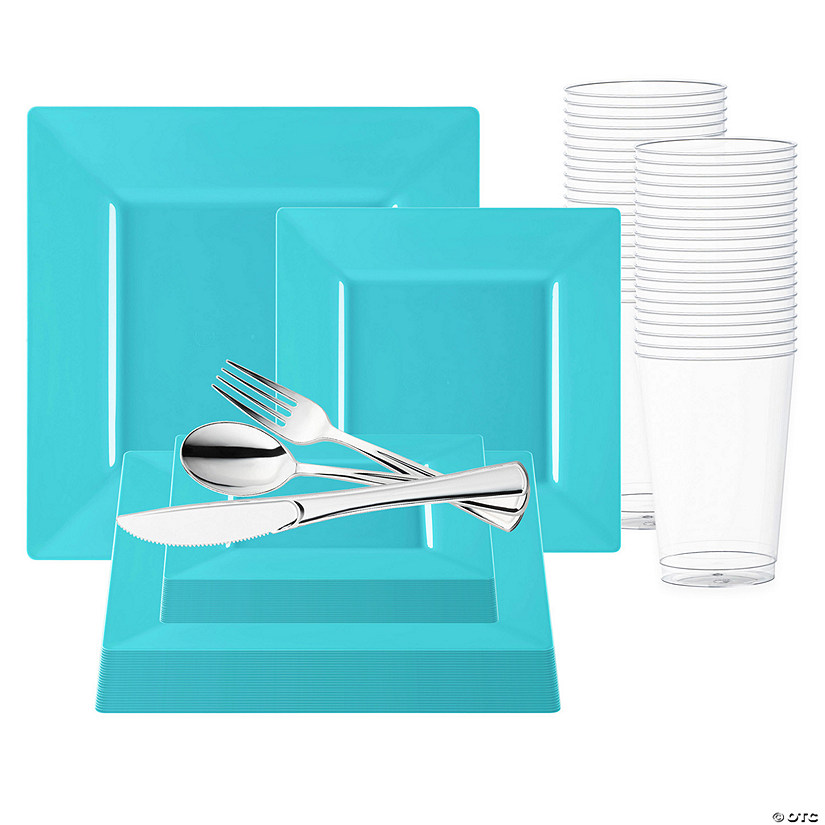 Sea Aqua Square Disposable Plastic Wedding Value Set - 60 Settings