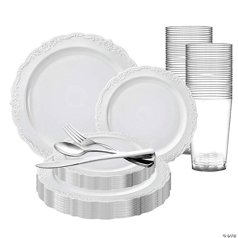 White Vintage Round Disposable Plastic Dinnerware Value Set (60 ...