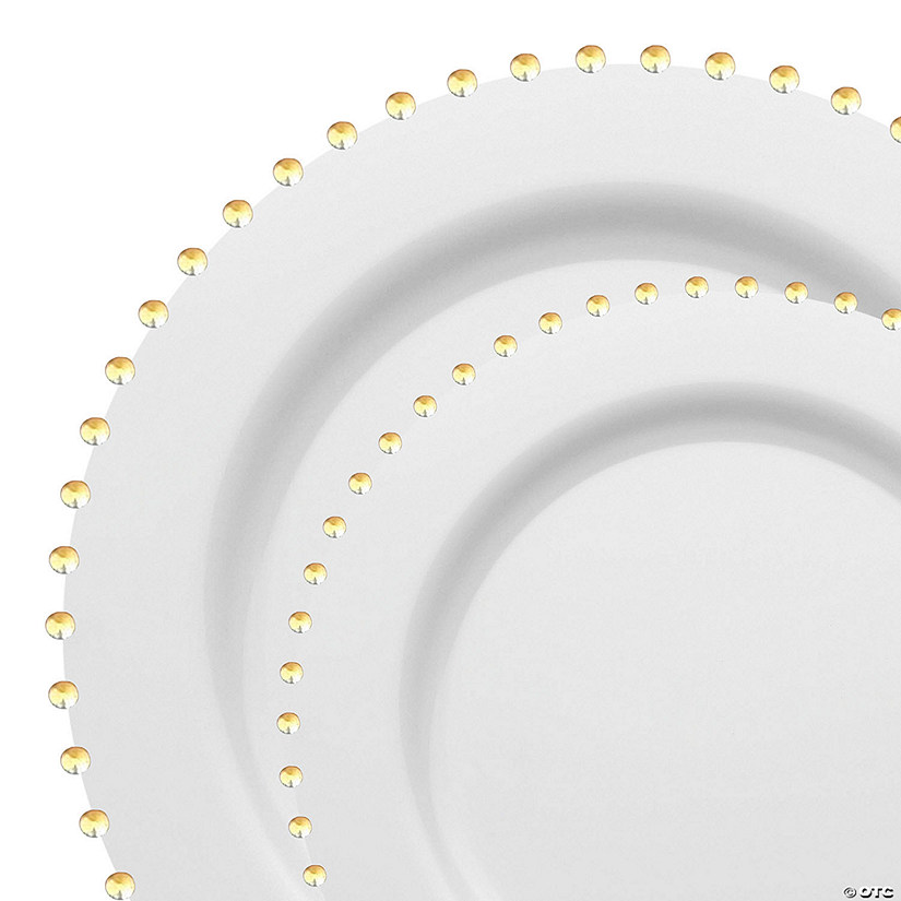 White with Gold Pearl String Round Disposable Plastic Dinnerware Value Set - (40 Settings)