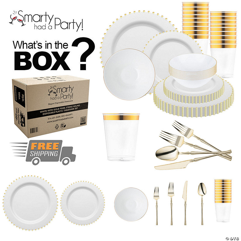 White with Gold Pearl String Round Disposable Plastic Tableware Set ...