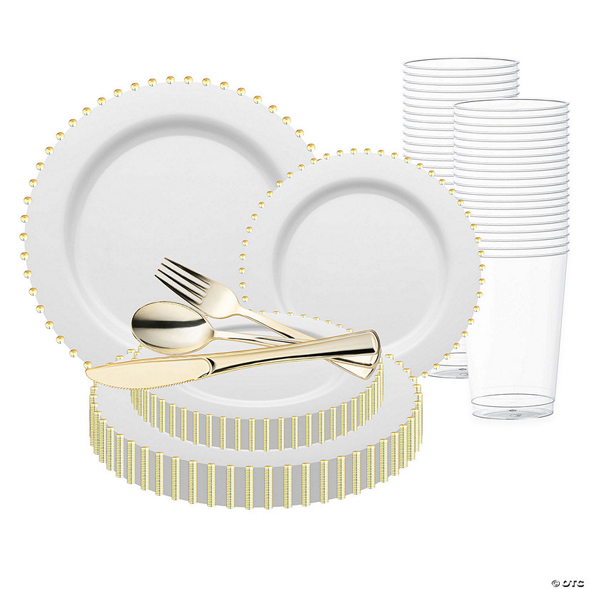 White with Gold Pearl String Round Disposable Plastic Wedding Value Set ...