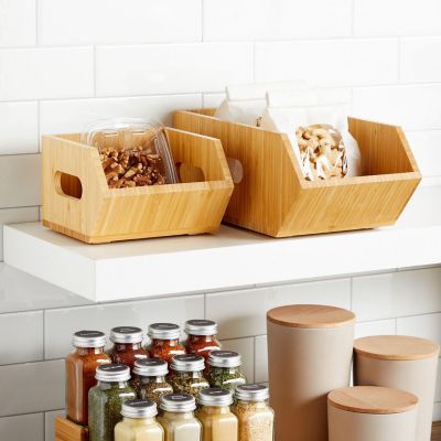 2 Pack Stackable Bamboo Wood Storage Bins, Organization Boxes for Kitchen Pantry (2 Sizes ...
