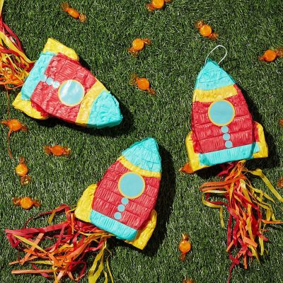 3 Pack Mini Rocket Ship Pull Pinatas for Outer Space Party, 8 x 5.9 x 2 ...