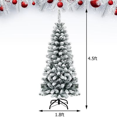 4.5ft Snow Flocked Pencil Christmas Tree Artificial Pine Tree w/ Metal ...