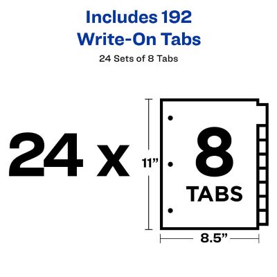 Avery Plain Tab Write & Erase Dividers, 8-Tab, White, 24 Sets (11507 ...