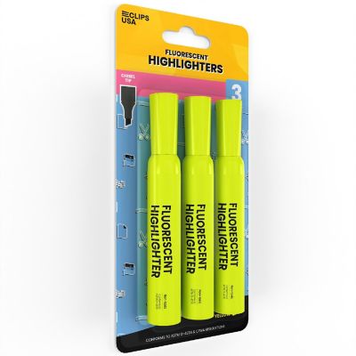 E-Clips USA Fluorescent Highlighter Pen - Yellow, 3 Pack, Chisel-tip ...
