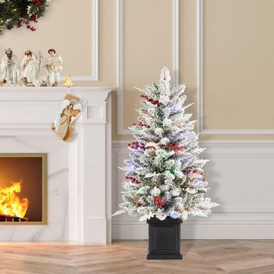 Glitzhome 4ft Pre-Lit Flocked Artificial Christmas Porch Tree with and Red Berries and 60 Warm ...