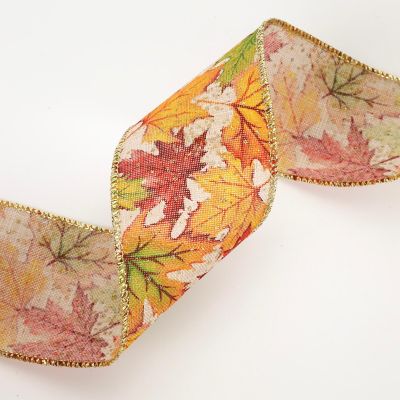 LaRibbons 2 1/2" Wired Ribbon - "Maple Leaf" Natural/Multi - 10 Yard ...