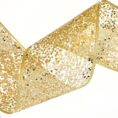 LaRibbons 4" Sequin Wired Ribbon - Gold - 10 Yard Roll | Oriental Trading