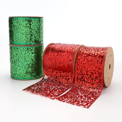 LaRibbons 4" Sequin Wired Ribbon - Red - 10 Yard Roll | Oriental Trading