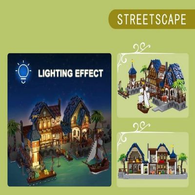No-Name Unique Building Blocks Medieval Harbor with Lights and Box ...
