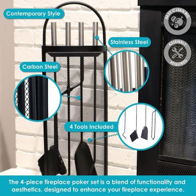 Sunnydaze 4pc Fireplace Tool Set with Mesh Shroud Holder - Black ...