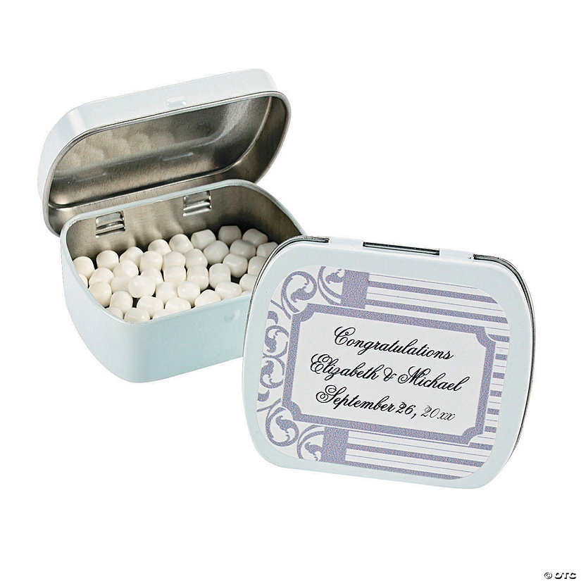 Personalized Grey & White Wedding Tins with Mints - 24 Pc.