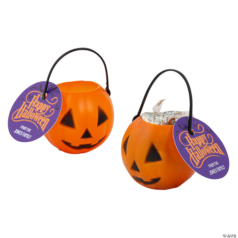 Personalized Mini Jack-O’-Lantern Candy Buckets with Tags - 24 Pc.