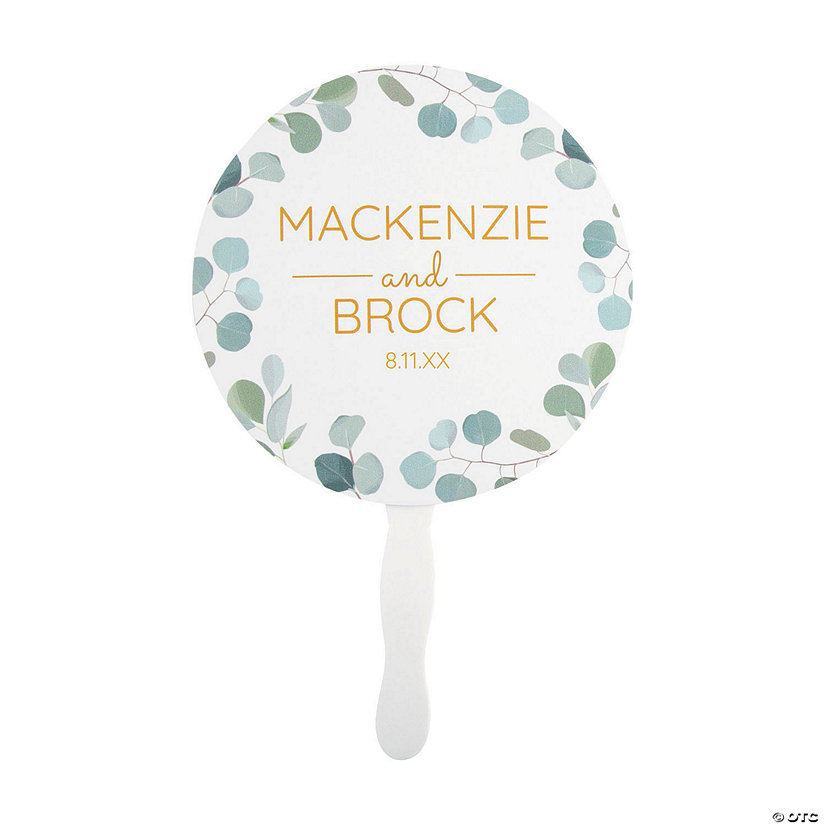 Personalized Round Eucalyptus Wedding Hand Fans - 12 Pc.