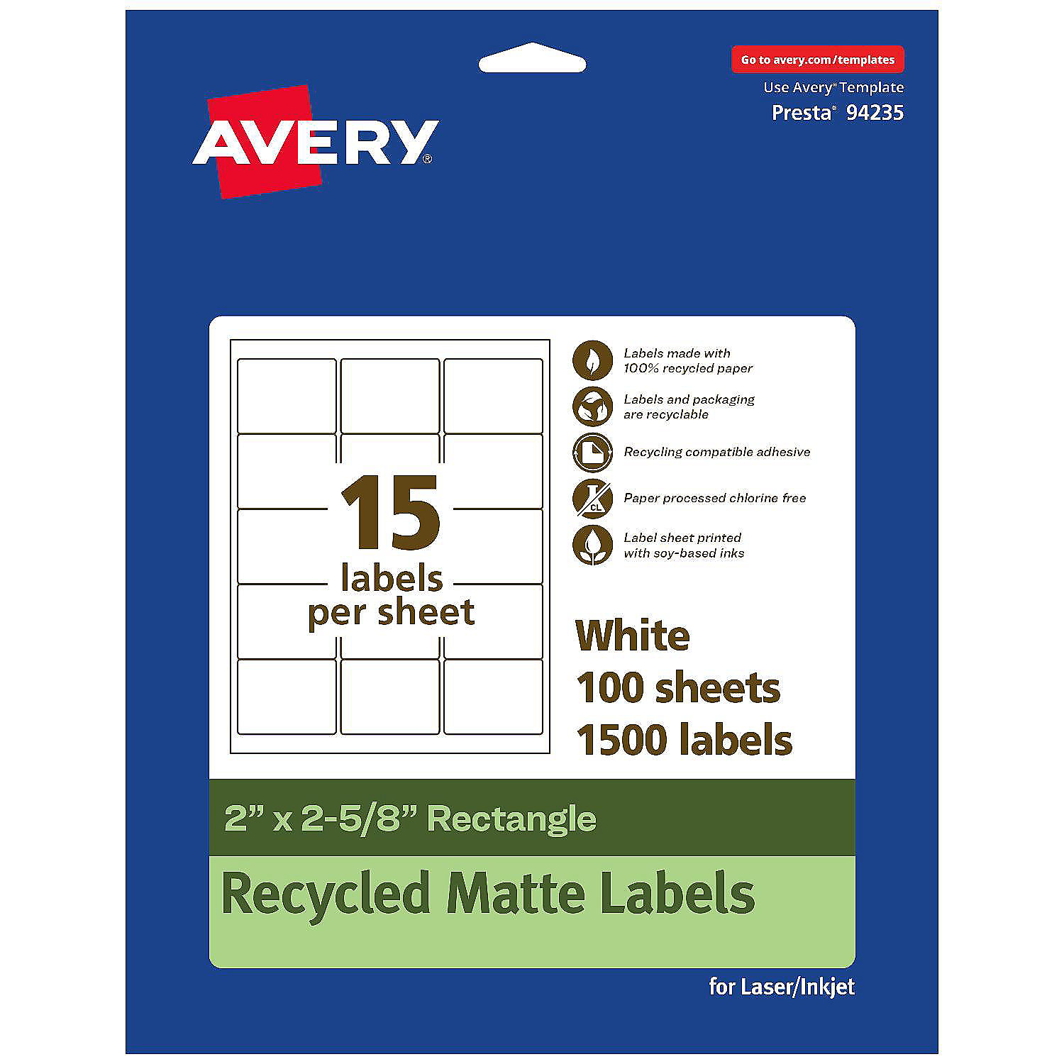 Avery EcoFriendly Rectangle Labels, 2" x 2-5/8", 1,500ct | Oriental Trading